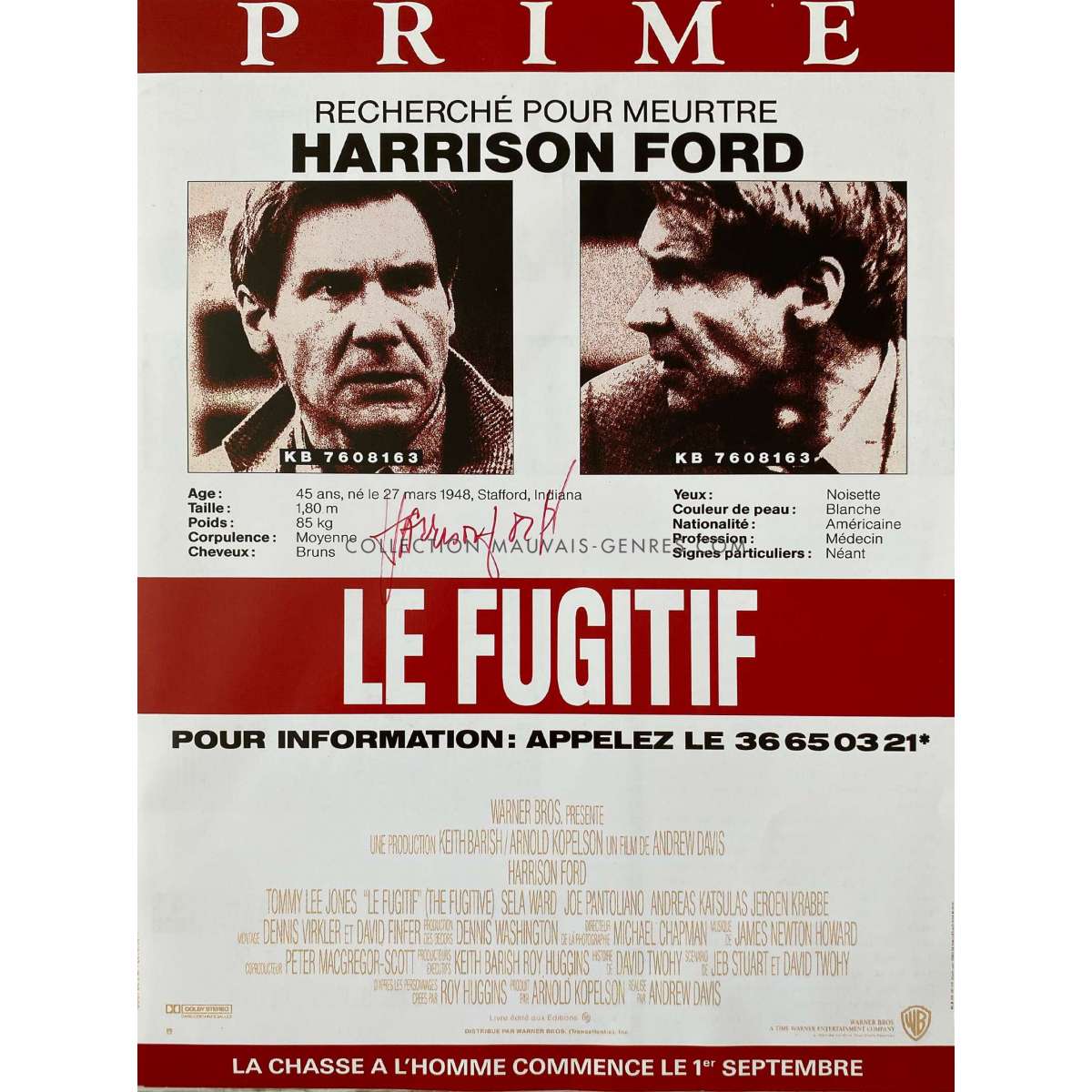 Synopsis français de LE FUGITIF - 21x30 cm. 2p. SIGNÉ.